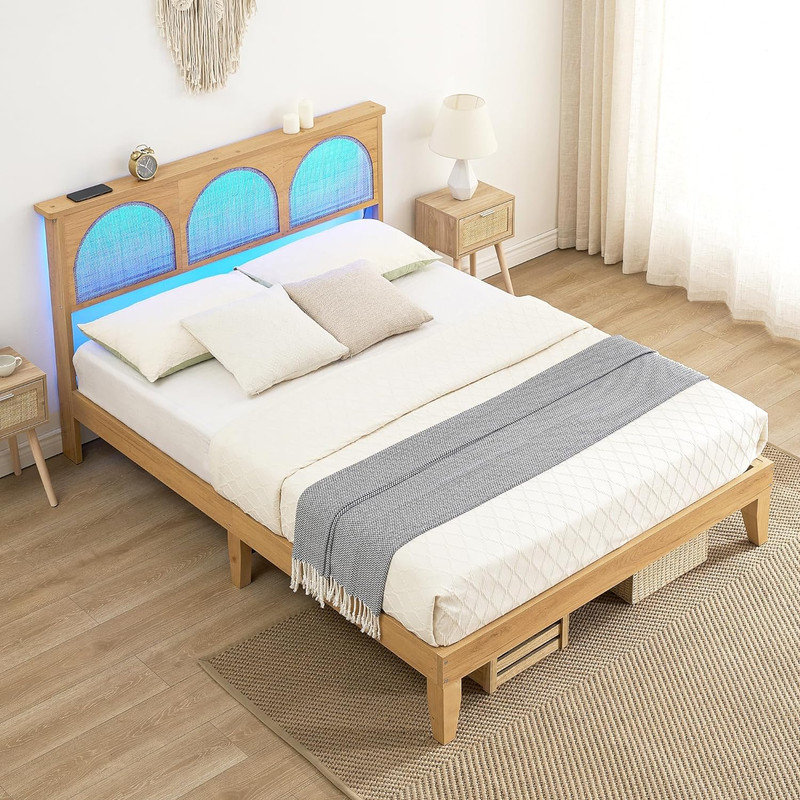 Bay Isle Home Full Bed Frame with Natural Rattan Headboard Platform Bed Frame Full Size with Storage Headboard Mattress Foundation Noise Free No Box Spring Needed Wayfair